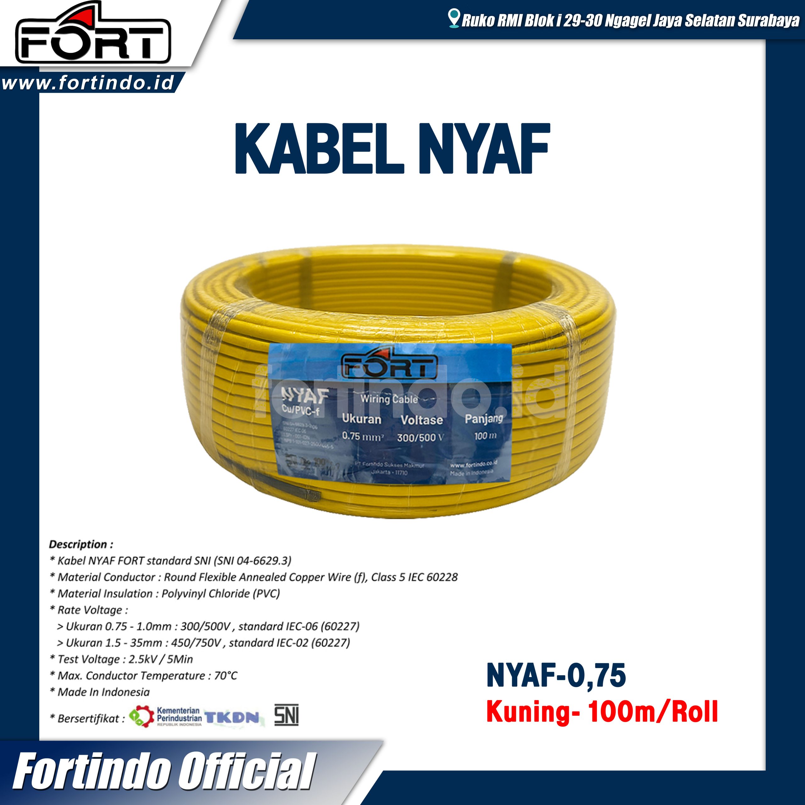 Kabel Wiring NYAF-0.75 Kuning Cabel SNI FORT – fortindo.id